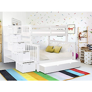 Bedz King Stairway Bunk Beds Twin over Full with 4 Drawers in the Steps and a Twin Trundle, White