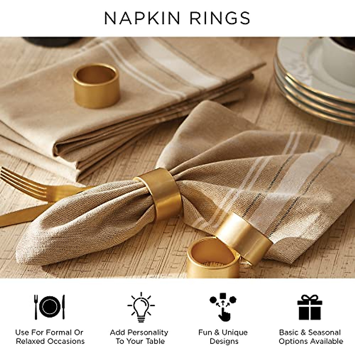 DII Basic Napkin Ring Collection Decorative, Gold, One Size, 6 Count