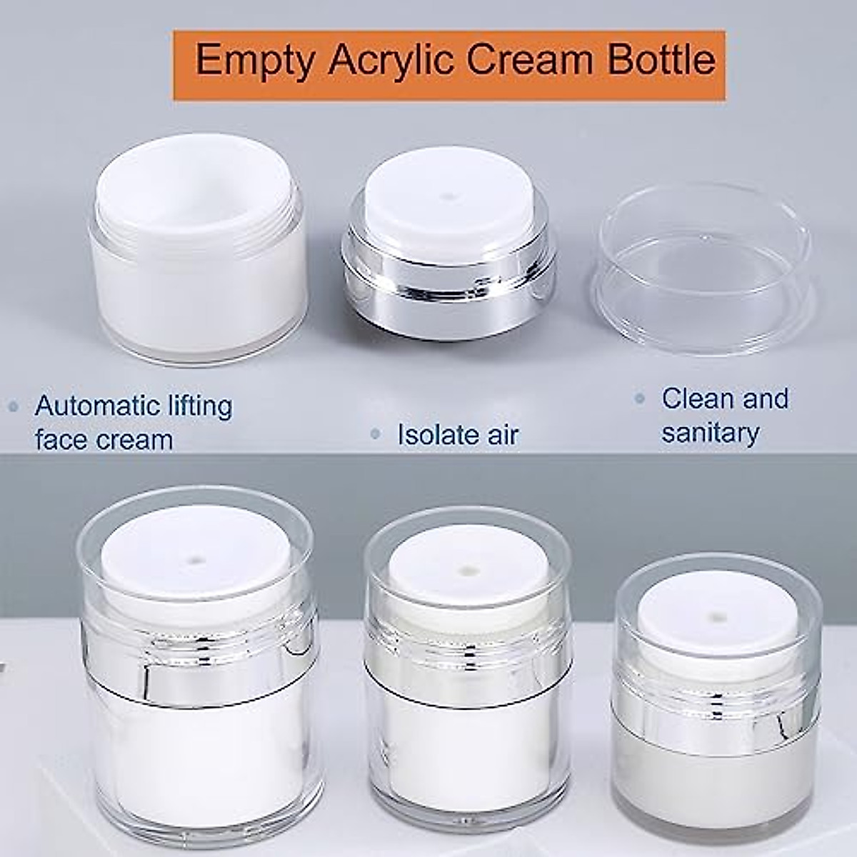 LXIANGN 3Pcs Airless Pump Jars,Refillable Empty Airless Pump Jar Vacuum Push Down Moisturizer Pump Dispenser for Serums,Skincare Cream,Essence,Leak Proof Portable Travel Container (0.5oz,1oz,1.7oz)