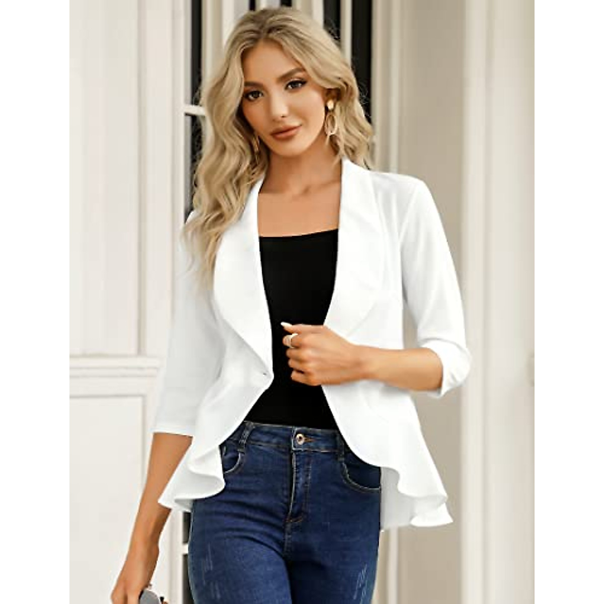 KOJOOIN Womens Casual Blazer 3/4 Sleeve Open Front Ruffle Work Office Cardigan Suit Jacket White XL