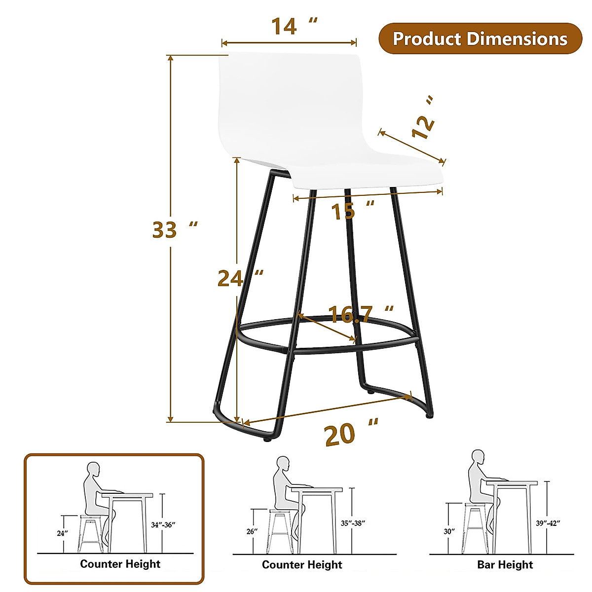 POINTANT Bar Stools Set of 4 Bar Stools Counter Height Bar Stools Modern Swivel Bar Stools Bar Chairs with Back Plastic 24" Metal Bar Stools Counter Height,White