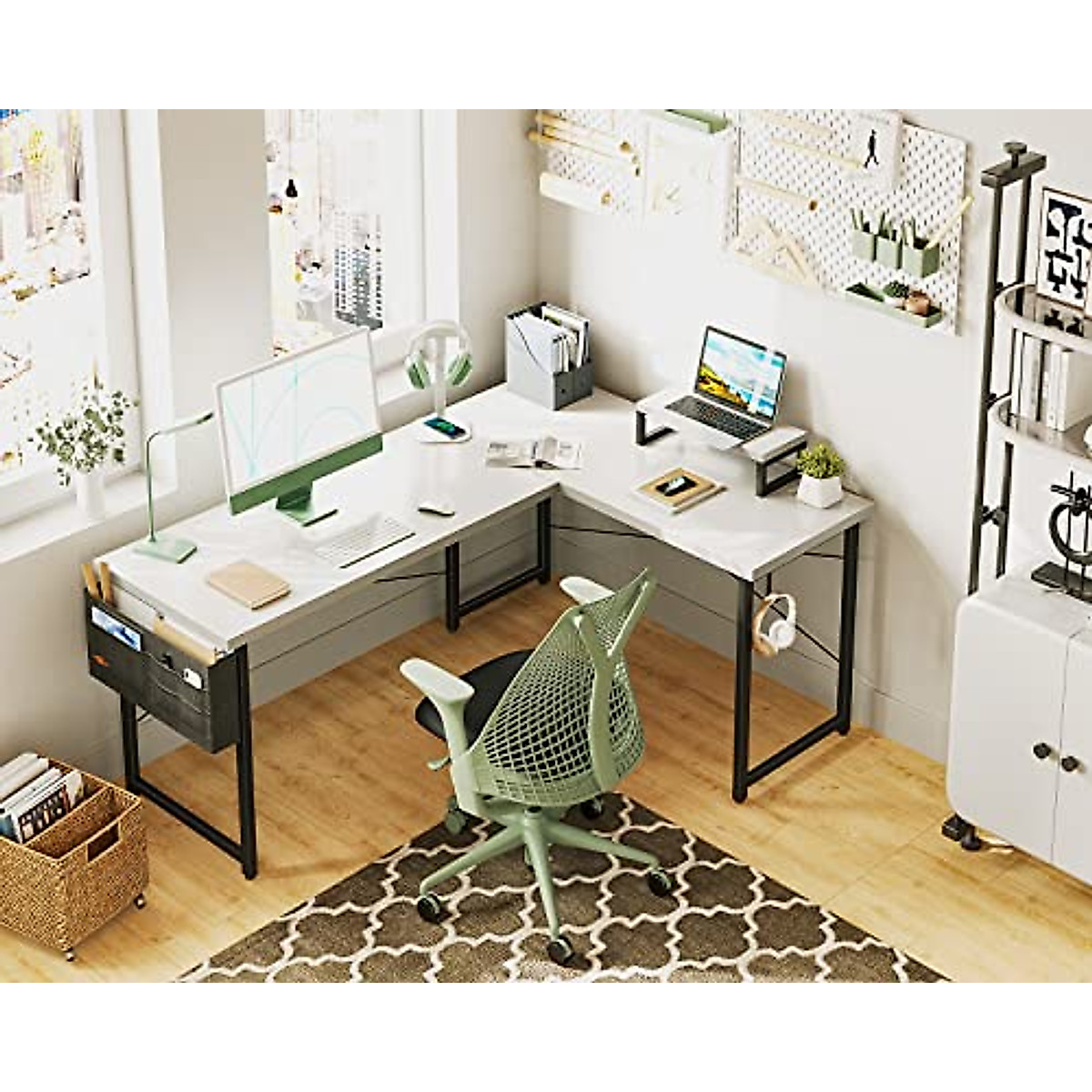ODK L Shaped Desk, 59" Computer Corner Desk, Gaming Desk, Home Office Writing Desk with Monitor Shelf, Space-Saving Workstation Desk, Modern Simple Wooden Desk, Easy to Assemble, White
