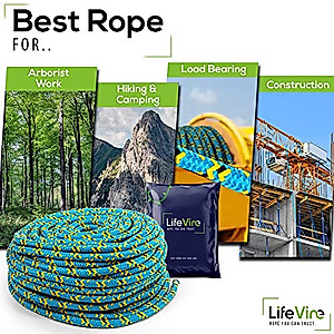 Arborist Tree Rope, Bull Rope, 18 KN, Static Rope, Tree Rope, 32 Strand, 1/2 Inch Diameter, 150 Foot, Double Braided, Orange, Blue, & Black