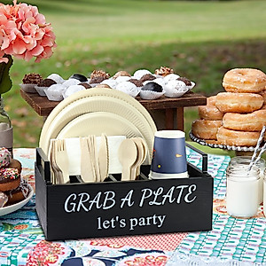 Paper Plate Holder, Utensil Caddy Organizer, Wood Paper Plate Dispenser, Silverware Caddy Holder, and Disposable Coffee Bar Accessories Box for Kitchen Counter, Party, Camping, Picnic (6 compartment)