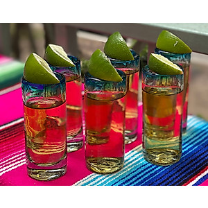 Dos Sueños Hand Blown Mexican Tequila Shot Glasses – Set of 6 Aqua Rim Tequila Shot Glasses (2 oz each) …