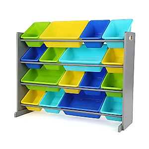 Humble Crew Extra-Large Toy Organizer, 16 Storage Bins, Grey/Blue/Green/Yellow,15.5"D x 42"W x 35"H