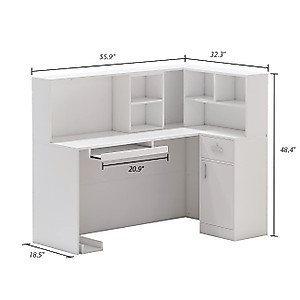 Homsee Reception Desk L-Shaped Office Desk with Counter, 1 Door Storage Cabinet, 1 Lockable Drawer, Hutch Shelf & Keyboard Tray, White