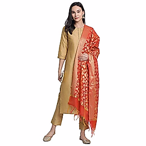 Janasya Gold Gota Patti Poly Silk Straight Kurta Set With Dupatta