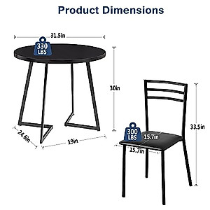 VECELO 3 Piece Kitchen Dining Room Set, Wood Round Table for Breakfast Nook Small Space, Dinette with 2 Cushioned Chairs, Matte Black
