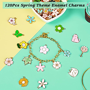 MARFOREVER 120 Pcs Easter Gifts for Women Girls Spring Easter Floral Themed Flower Charms for Jewelry Making, Assorted Gold Enamel Charm Pendants for DIY Necklace Bracelet Earrings Making Supplies