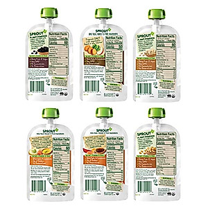 Sprout Organic Baby Food, Stage 2 Pouches, 6 Flavor Fruit & Veggie Variety Pack, 3.5 Oz Purees (Pack of 12)