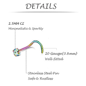 Tornito 20G 6Pcs Stainless Steel Nose Screw Studs Rings CZ Nose Ring Labret Nose Piercing Jewelry for Men Women