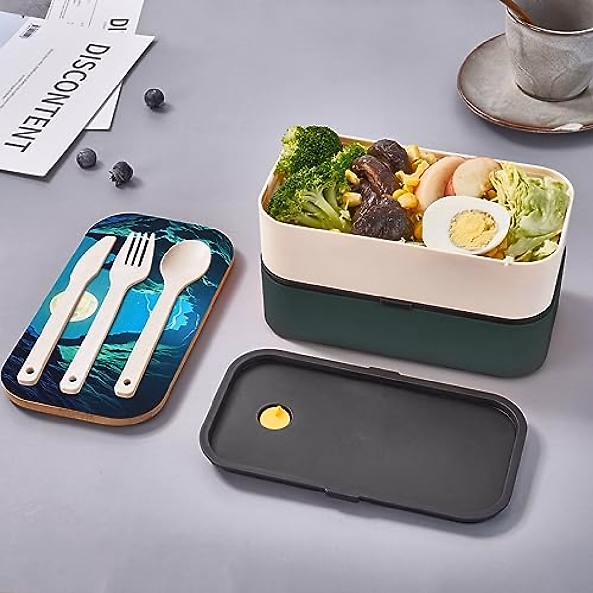 Water Moon Cave Adult Lunch Box, Bento Box, With Cutlery Set Of 3, 2 Compartments, Rectangular, Lunch Box For Adults