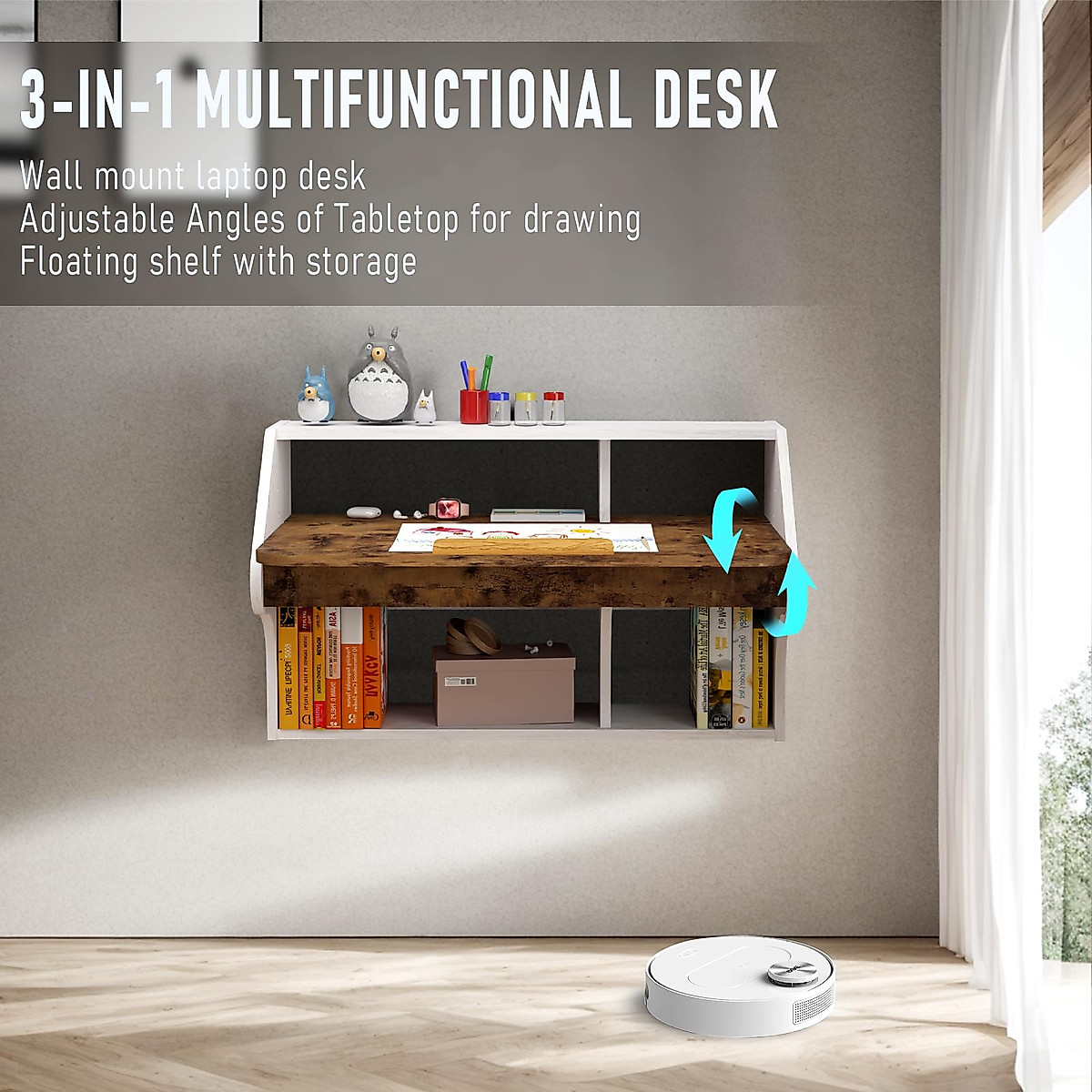 Pmnianhua Floating Desk with Adjustable Drawing Tabletop,Wall Mounted Desk with Angles Adjustable Drafting Table,Multifunctional Workstation for Bedroom Dormitory Small Space(Rustic Brown)