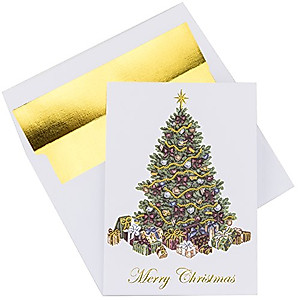 Premium Christmas Cards - 20 Pack - Traditional Christmas Tree with Gold Embossed Foil and Linen Texture - 20 Heavyweight Holiday Cards and Gold Foil Lined Envelopes