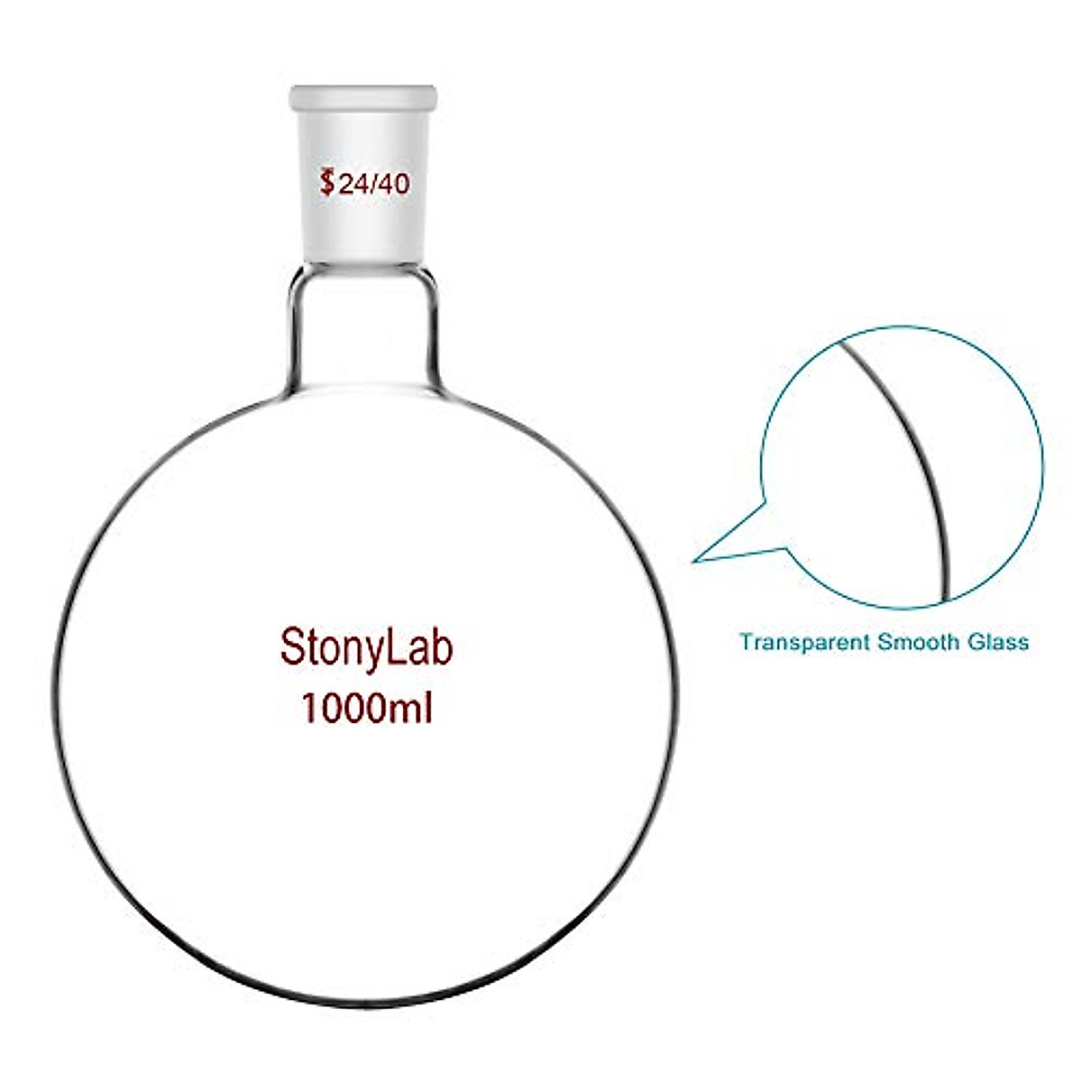 StonyLab 1000ml Glass Single Neck Round Bottom Flask RBF, with 24/40 Standard Taper Outer Joint - 1L (1 Liter)