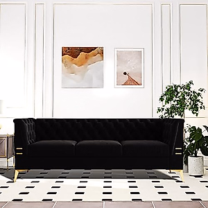 LaiBiKe Mid Century Velvet Couches 83" 2 Seater Living Room Sofa Comfortable Black Couch Solid Wood Frame Metal Legs for Guest Room Playroom Bedroom(03-Black-83)