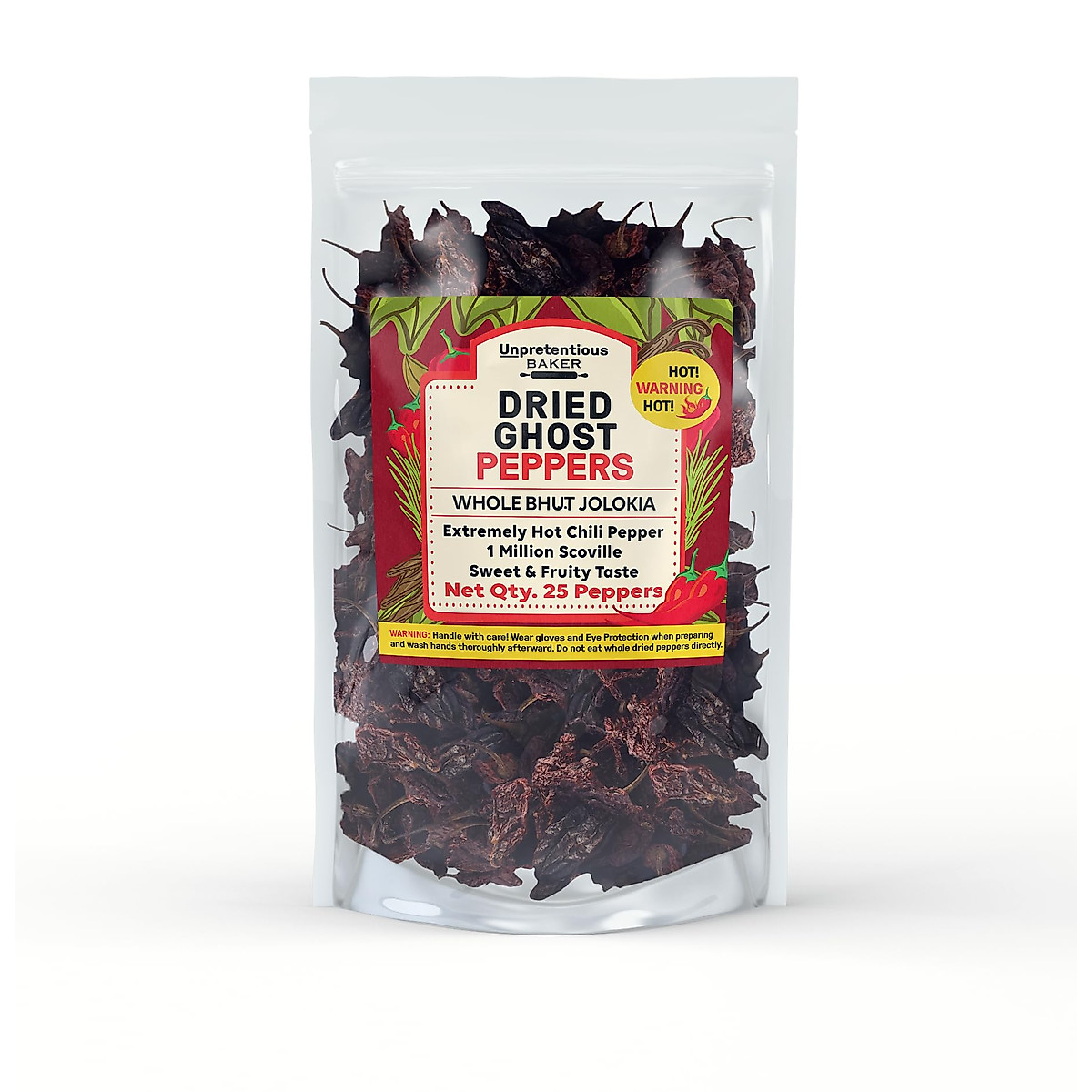 Unpretentious Dried Ghost Peppers, 25 count, Extremely Hot Bhut Jolokia Chile Peppers