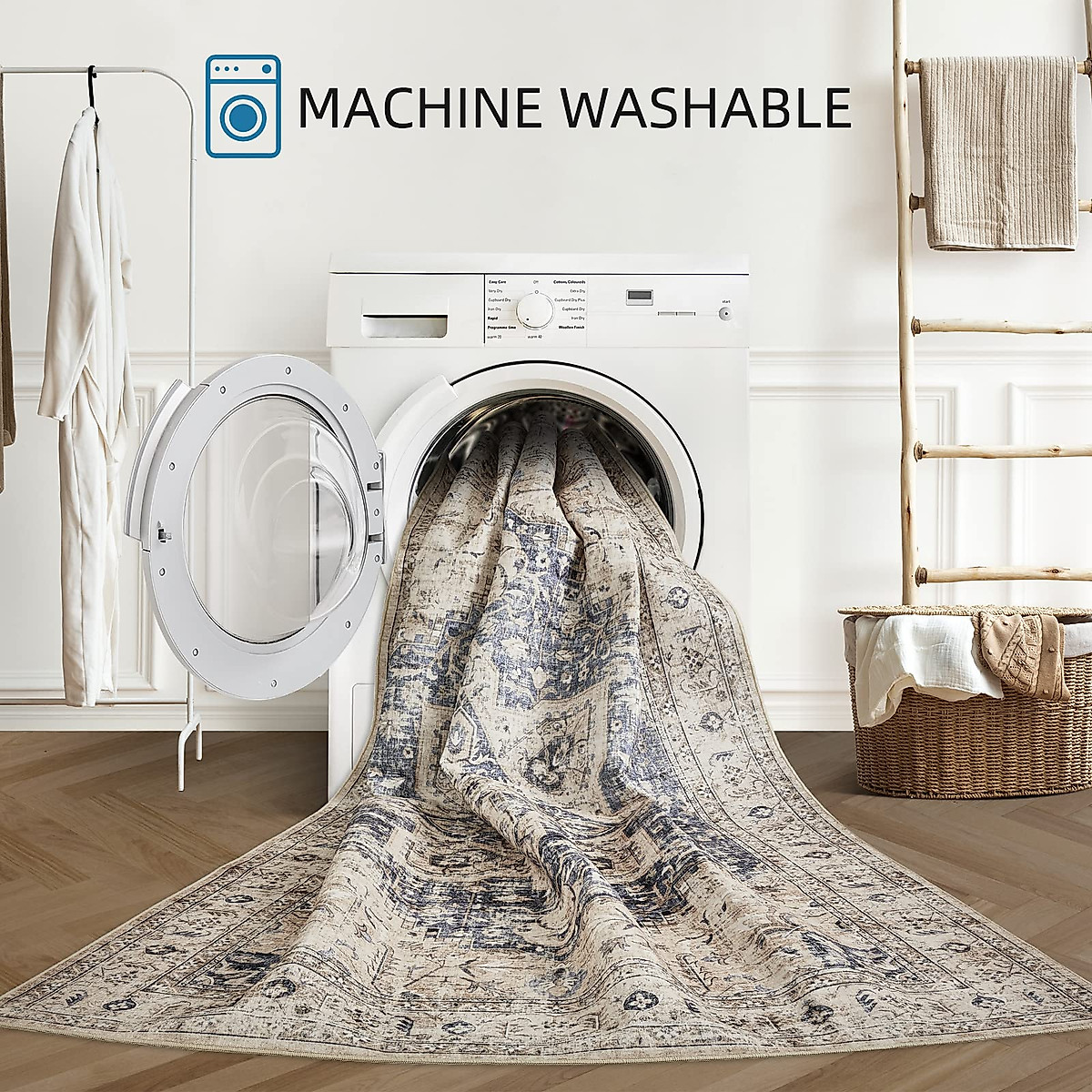 Tortania Boho Blue Living Room Rug 9x12 with 10 PCS Rug Tape Set