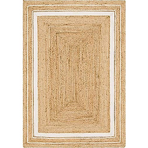 Unique Loom Braided Jute Collection Classic Quality Made Hand Woven with Coastal Design Area Rug, 6 ft x 9 ft, Natural/Ivory