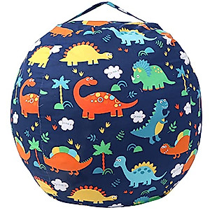 LOLOMLO Stuffed Animal Storage Bean Bag Chair Cover, Hold Kids Plush Toys Blankets Towels Beanbag (Cover Only), Floor Circle Stuff Sit Seat Sofa with YKK Zipper, Large 32", Canvas Dinosaur