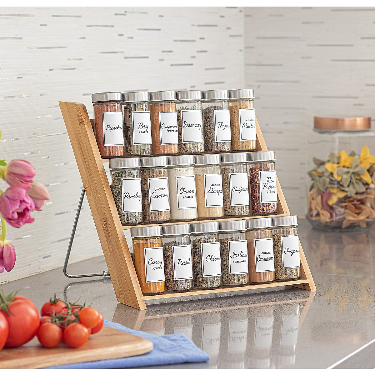 Orii 18 Jar Bamboo Compact Spice Organizer for Countertop and Kitchen Drawer, Filled with Spices, 5 Year Spice Refill Program