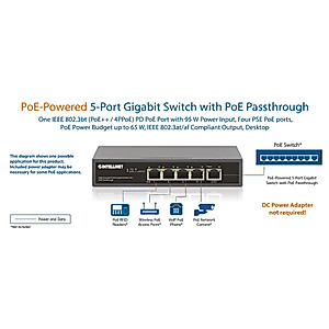 Intellinet PoE++ Powered 5 Port Gigabit Ethernet Switch with PoE Passthrough - 65W Power Budget via AC Power & 95W Power Budget via POE PD, 30W per Port, Fanless & Quiet–3 Yr Mfg Warranty-561808