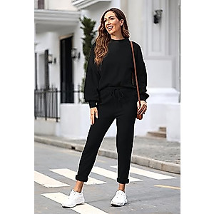 Women's 2 Piece Pant Set Sweatsuit Long Lantern Sleeve Sweatshirt Jogger Pant Tracksuit Black M