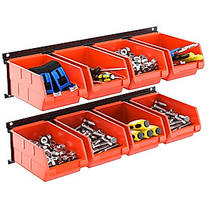 TORACK Wall-Mounted Storage Bins - 8 Plastic Bins & 2 Metal Tracks for Tools Organization in Garage, Craft Room, and Shop(Orange)