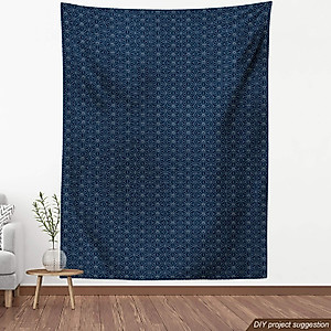Lunarable Japanese Fabric by The Yard, Oriental Motifs with Dotted Lines Geometric Shapes on Blue Shade Backdrop, Decorative Fabric for Upholstery and Home Accents, Indigo and White