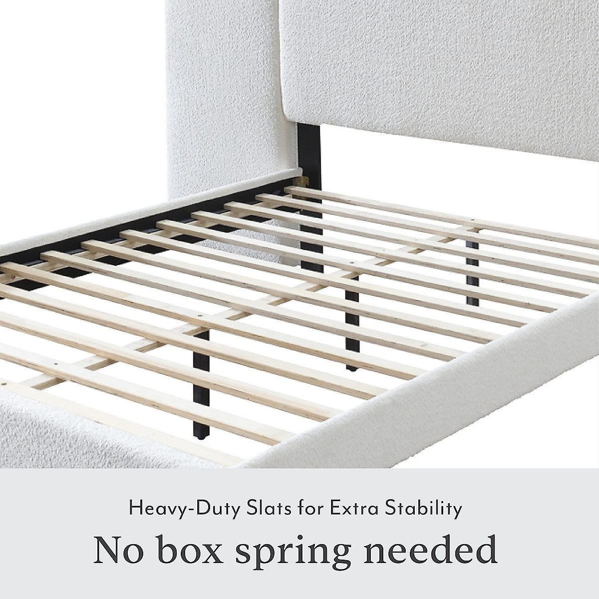 DG Casa Boucle Modern Platform Upholstered Bed Frame with Soft Textured Extended Headboard Fluted Wooden Base Legs, Slat Support Included, Easy Assembly, Queen Size, Cream
