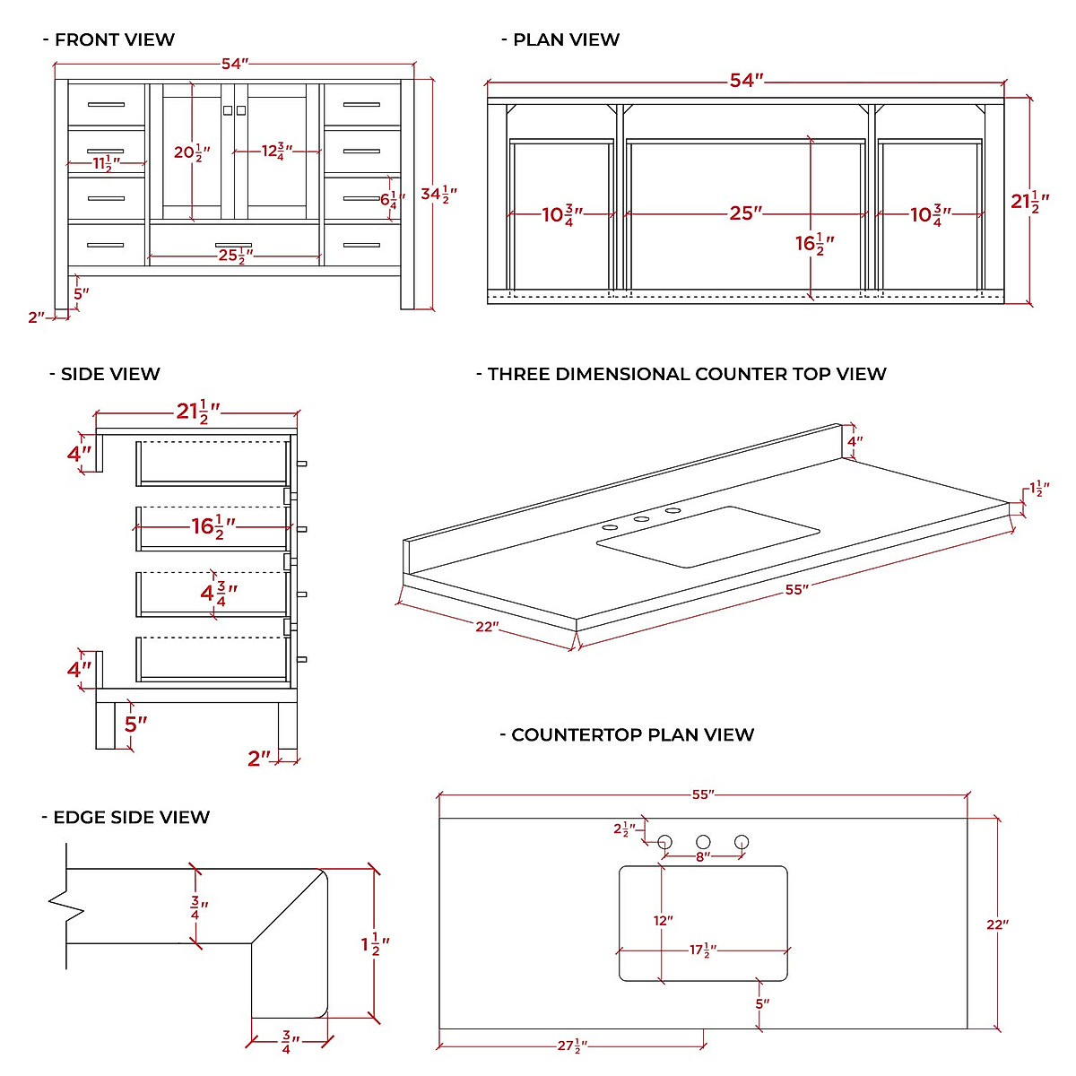ARIEL 55" Espresso Bathroom Vanity with 1.5" Edge Pure White Quartz Countertop & Backsplash, Center Rectangular Sink, 2 Soft Closing Doors, 9 Full Extension Dovetail Drawers, Satin Brass