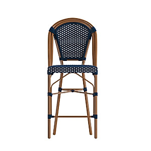 EMMA + OLIVER Soie Bistro Counter Stool - Stacking Indoor/Outdoor PE Rattan Counter Stool with Bamboo Finish Frame - 26" High - Set of Two - Navy/White