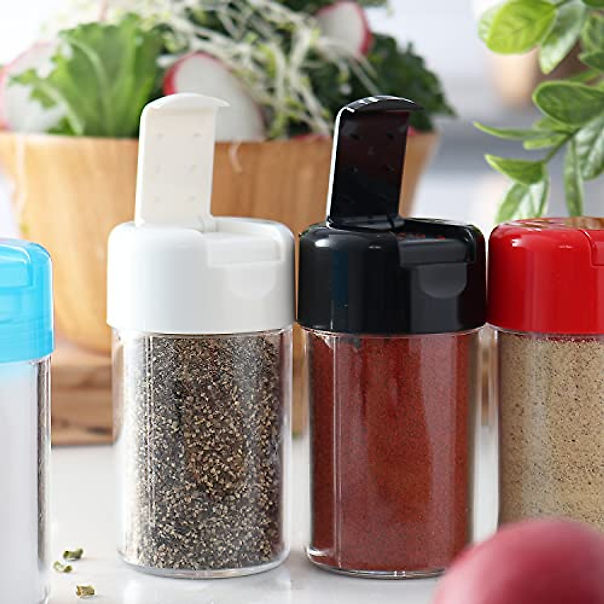 Set of 2 - Plastic Salt and Pepper Shakers with Hinged Lid, No Spill Lunch Bag Camping Picnic Moisture Proof Spice Dispenser, Seasoning Container Pourer w/Cover, 3.5 oz.