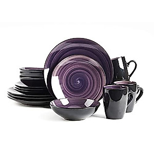 HomeVss, Stoneware Sonoma 16pc Dinnerware Set, Black + Speckled Spin Wash Purple, 16pc Set