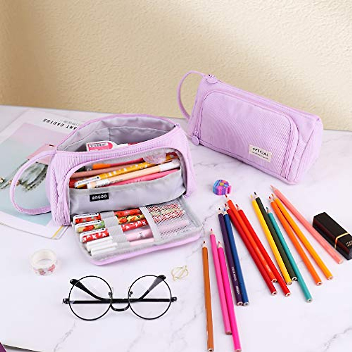 iSuperb Big Capacity Pencil Case Corduroy Large Pencil Pouch Portable Pen Bag Zipper Stationery Organizer Makeup Cosmetic Bags for Women Office