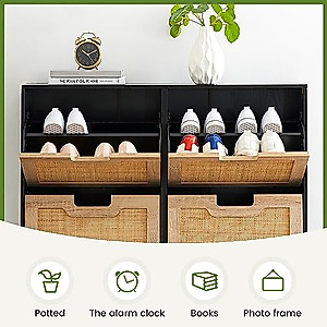 GAOMON Natural Rattan 4 Flip Door Shoe Rack Storage Cabinet, Shoe Cabinet Organizer Freestanding with 3-Tier Adjustable Shelves for Entryway, Entrance Hallway (4 Flip Doors, Black)