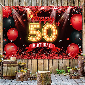 Happy 50th Birthday Banner Backdrop Red and Black 50 Years Old Background Bday Decorations for Women Men Photography Party Supplies Glitter