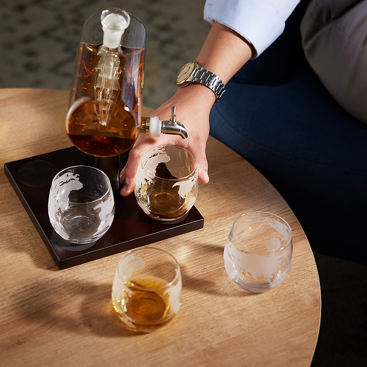 Oak & Steel 35oz/ 1000ml Ship In a Bottle Whiskey Decanter Sets for Men - Wine Decanter Set with Glasses of 4, Whiskey Dispenser & Stand for Whiskey, Bourbon, Vodka, Tequila - Gifts for Men & Husband