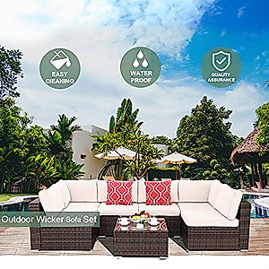 Polar Aurora 7 Pieces Outdoor Patio Sofa Set PE Rattan Wicker Sectional Furniture Outside Couch w/Washable Seat Cushions & Modern Glass Coffee Table