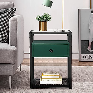 VECELO End Table, Modern Nightstand with Drawer, Night Stand Set of 2 for Bedroom Living Room,Tempered Glass, 2 Pack, Green