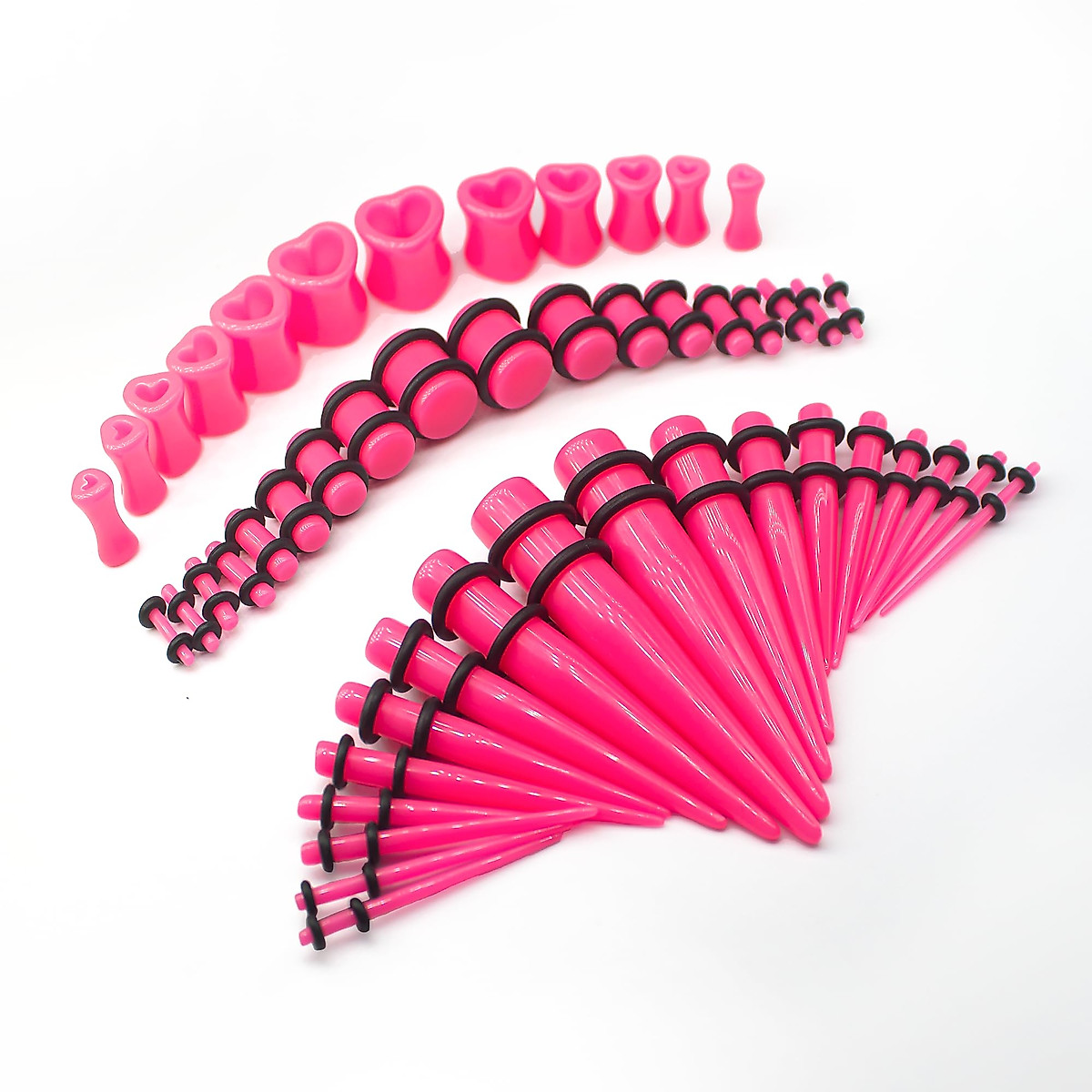 Marsrut 48 PCS Acrylic Gauge Kit Tapers Heart Tunnels Plug 14G-0000G Ear Stretching Set - PINK