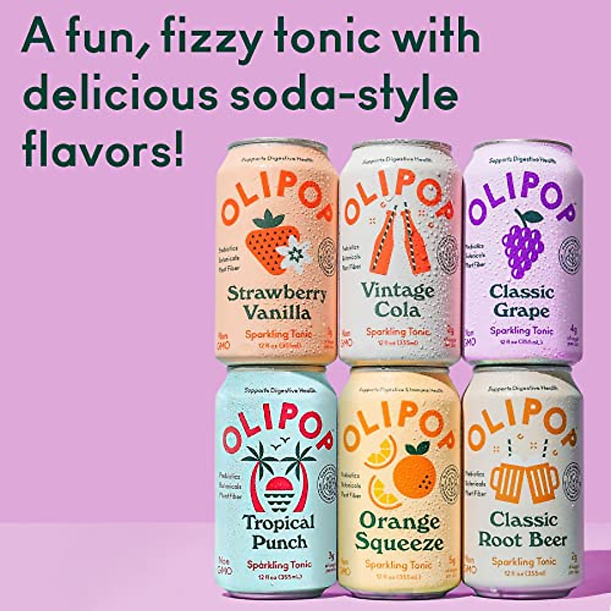 Olipop - 6-Flavor Sparkling Tonic Best Sellers Variety Pack, Prebiotic Soda Sampler, Rich in Botanicals, 9g of Dietary Plant Fiber, 2-5g Sugar per Can, Vegan, Paleo-Friendly, Non-GMO (12 oz, 12-Pack)