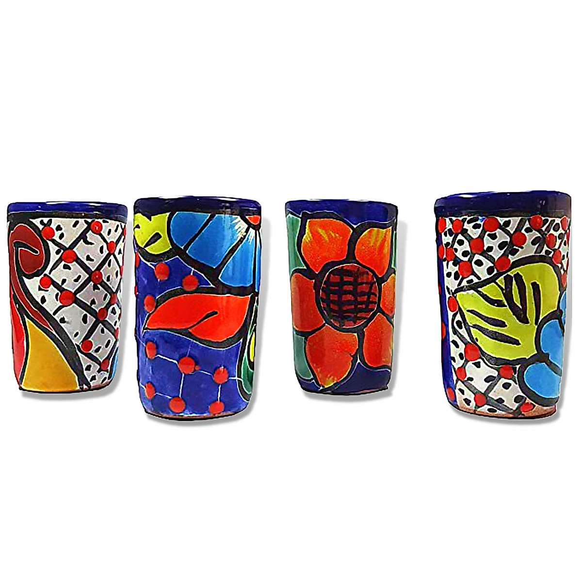 MEXTEQUIL - Talavera Shot Glasses Set of 4 Authentic Mexican Tequila Shot Glasses - Hand-painted - 2 Oz (Flowers)