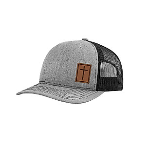 Heritage Pride Men's Christian Cross Worship Prayer God Laser Engraved Leather Patch Mesh Back Trucker Hat, Heather Grey/Black