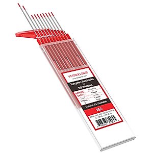YESWELDER TIG Welding Tungsten Electrode 2% Thoriated 1/16" x 7" (Red, WT20/EWTh-2) 10-pk