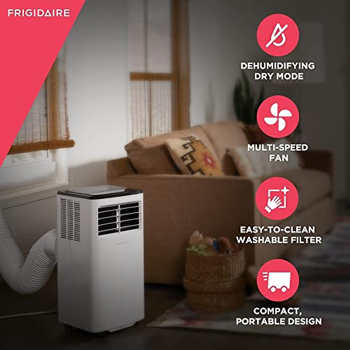 Frigidaire FHPC082AC1 Portable Room Air Conditioner, 5500 BTU with a Multi-Speed Fan, Dehumidifier Mode, Easy-to-Clean Washable Filter, in White
