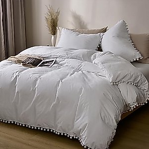 PHF 100% Washed Cotton Duvet Cover Queen Size, Ultra Soft Cotton Pom Pom Linen Like Duvet Cover Set, 3pcs Breathable Durable Duvet Cover with Pillowcases for All Seasons, 90"x90", White