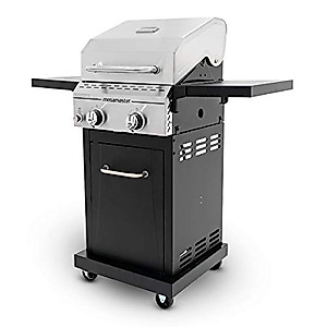 Megamaster 720-0864MA 2 Burner Propane Barbecue Gas Grill, for Camping, Outdoor Cooking, Patio, Garden Barbecue Grill, 28000 BTUs, with Foldable Side Table, Silver and Black