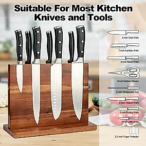 Magnetic Knife Block, Double Sided Magnetic Knife Holder Rack with Strong Enhanced Magnets, Acacia Wood Magnetic Knife Storage Stand with Stainless Steel Finger Protector
